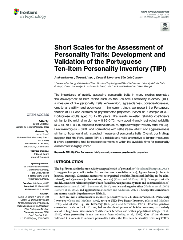 (PDF) Short Scales for the Assessment of Personality Traits ...