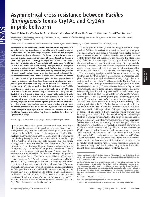 (PDF) Asymmetrical cross-resistance between Bacillus thuringiensis toxins Cry1Ac and Cry2Ab in ...