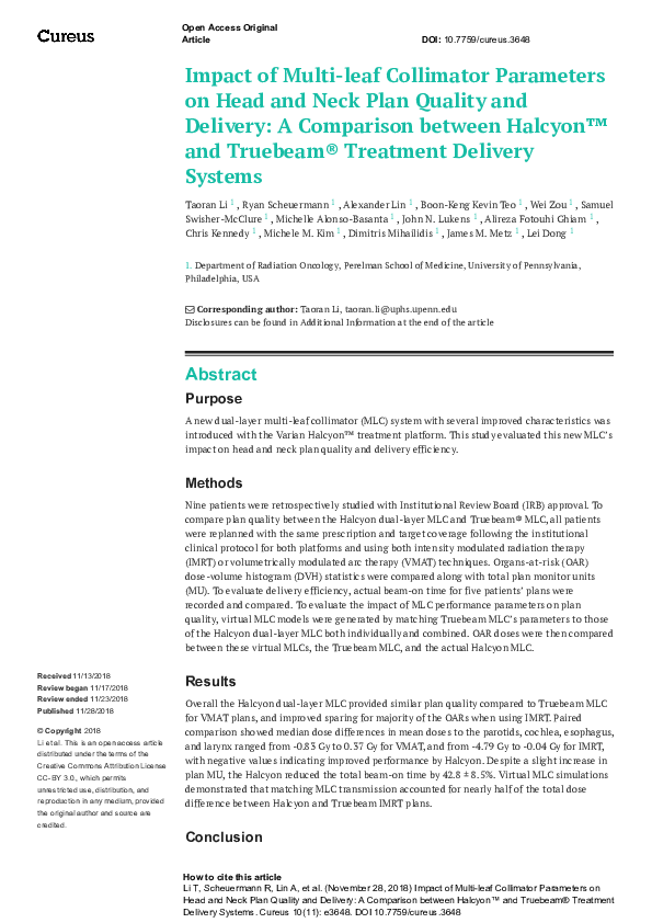 (PDF) Impact of Multi-leaf Collimator Parameters on Head and Neck Plan ...
