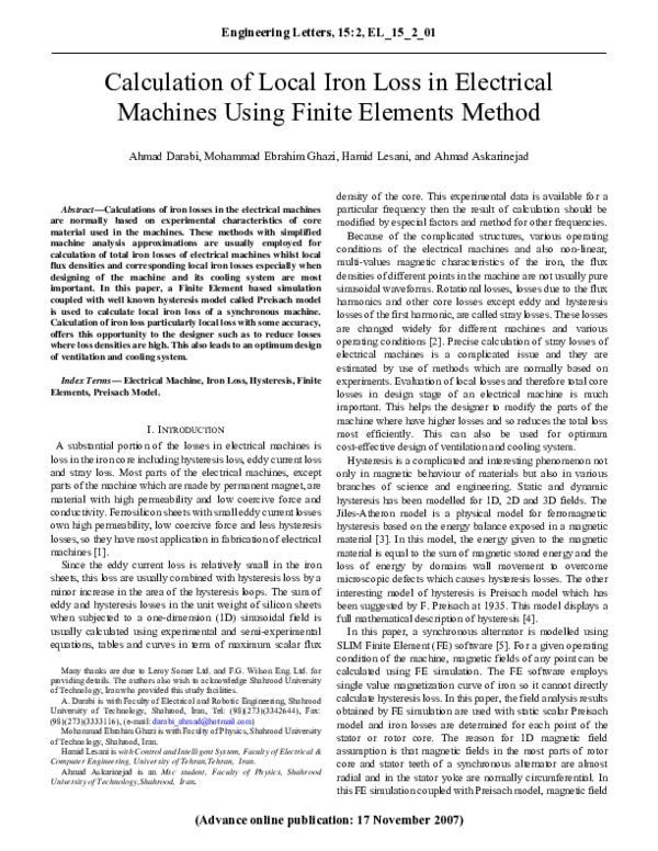 (PDF) Calculation of Local Iron Loss in Electrical Machines Using ...