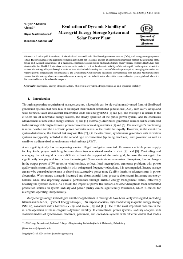 (PDF) Evaluation of Dynamic Stability of Microgrid Energy Storage System and Solar Power Plant
