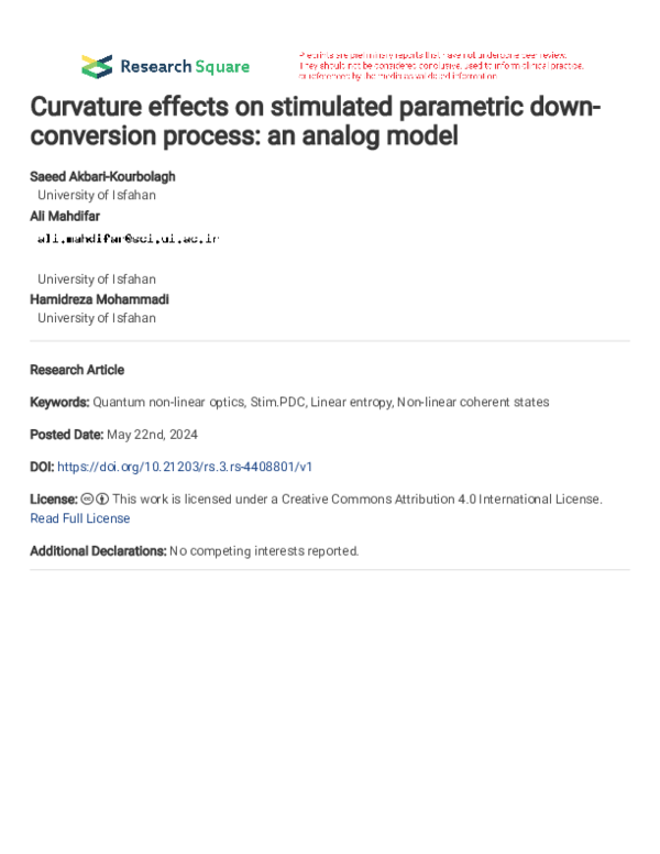(PDF) Curvature effects on stimulated parametric down-conversion ... (PDF) Curvature effects on stimulated parametric down-conversion ...