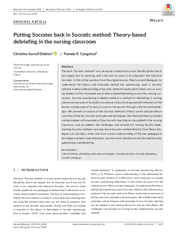 (PDF) Putting Socrates back in Socratic method: Theory‐based debriefing ...