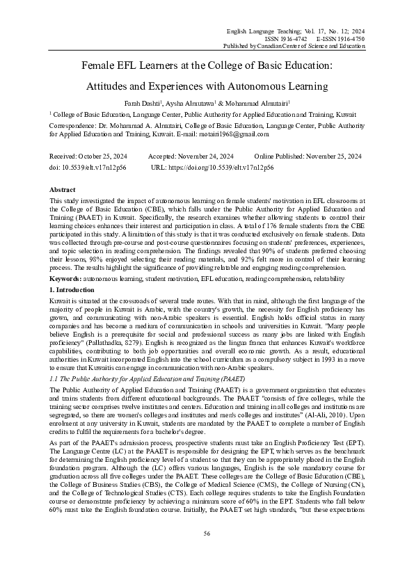 (PDF) Female efl learners at the college of basic education attitudes ...