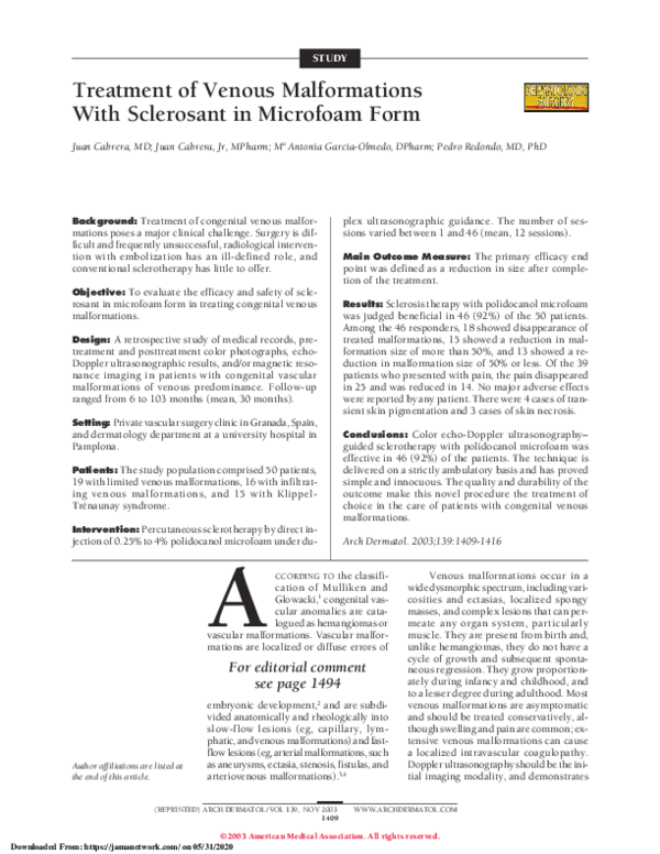 (PDF) Treatment of Venous Malformations With Sclerosant in Microfoam ...
