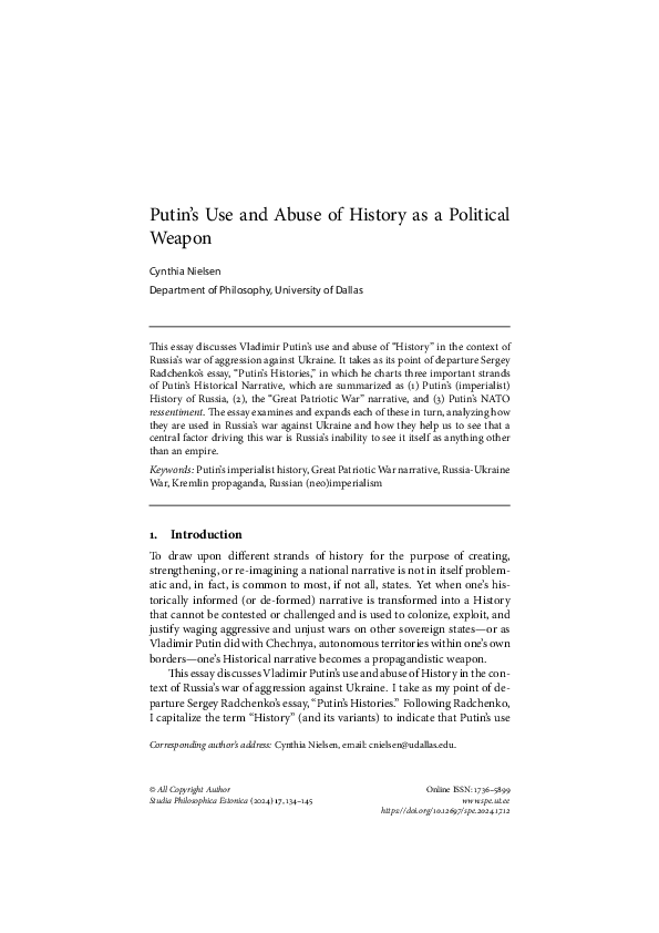 (PDF) Putin’s Use and Abuse of History as a Political Weapon