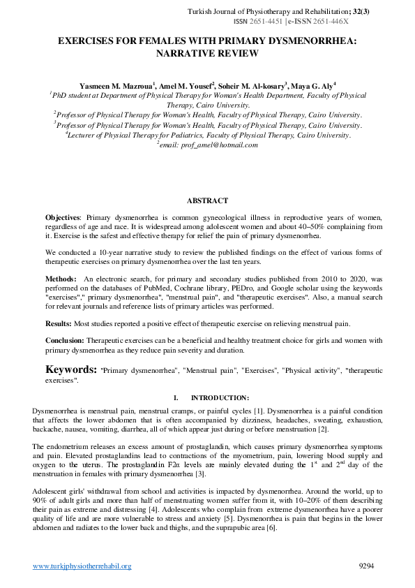 (PDF) Exercises for Females with Primary Dysmenorrhea: Narrative Review