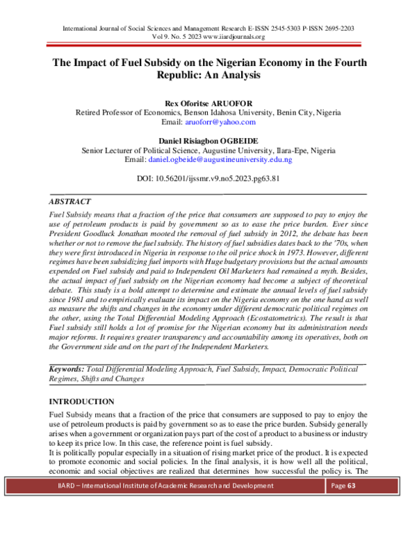 (PDF) The Impact of Fuel Subsidy on the Nigerian Economy in the Fourth Republic: An Analysis