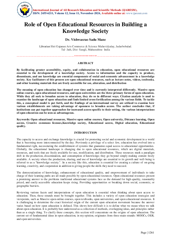 (PDF) Role of Open Educational Resources in Building a Knowledge Society