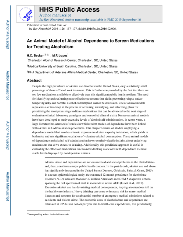 (PDF) An Animal Model of Alcohol Dependence to Screen Medications for ...