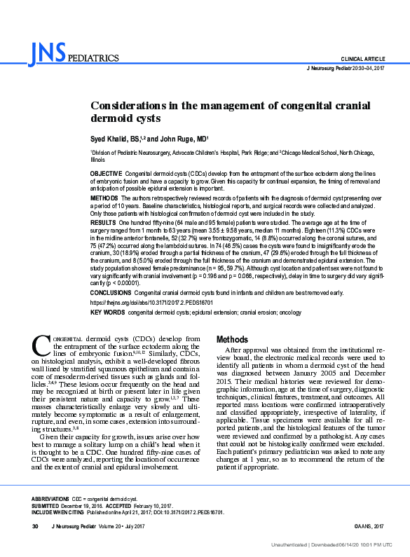 (PDF) Considerations in the management of congenital cranial dermoid cysts