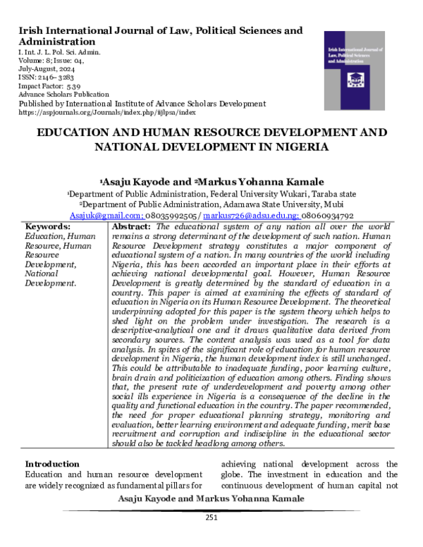 (PDF) EDUCATION AND HUMAN RESOURCE DEVELOPMENT AND NATIONAL DEVELOPMENT ...