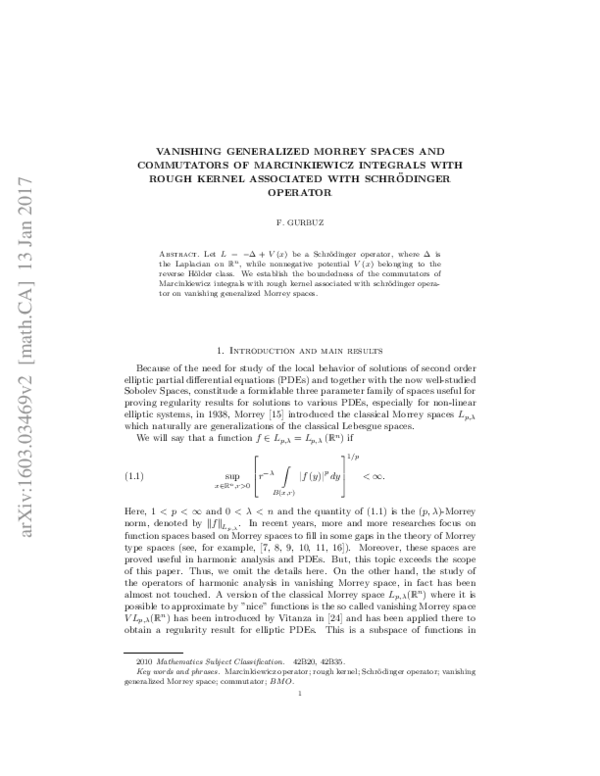 Pdf Vanishing Generalized Morrey Spaces And Commutators Of Marcinkiewicz Integrals With Rough