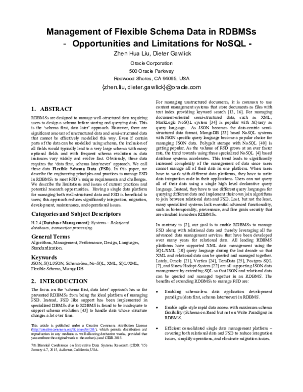 (PDF) Management of Flexible Schema Data in RDBMSs - Opportunities and ...