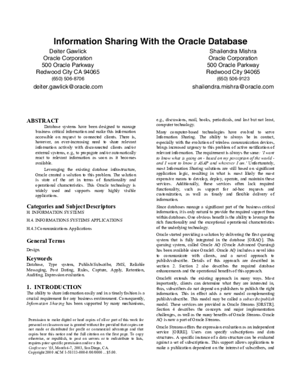 (PDF) Information sharing with the Oracle database | Dieter Gawlick - Academia.edu