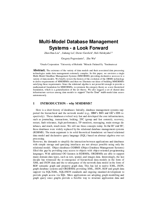 (PDF) Multi-model Database Management Systems - A Look Forward