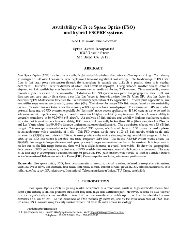 (PDF) Availability of free-space optics (FSO) and hybrid FSO/RF systems