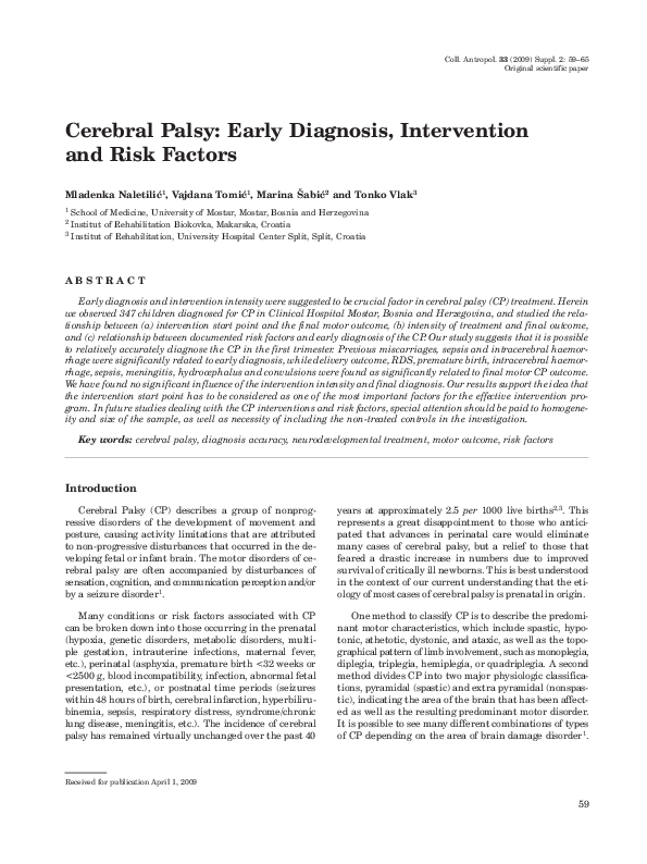 (PDF) Cerebral palsy: early diagnosis, intervention and risk factors