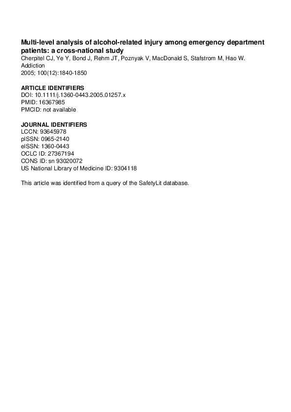 (PDF) Multi-level analysis of alcohol-related injury among emergency ...