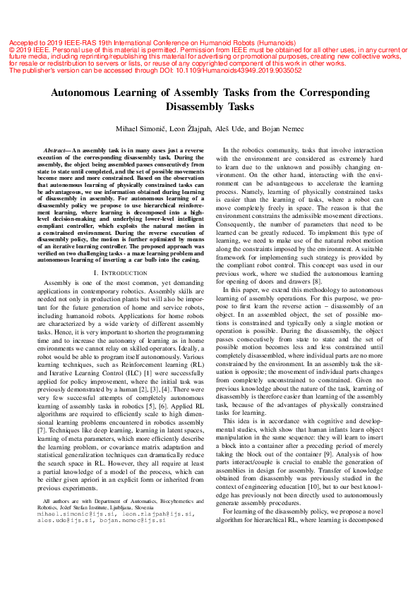(PDF) Autonomous Learning of Assembly Tasks from the Corresponding ...
