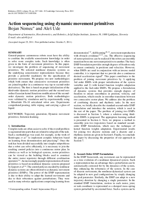 (PDF) Action sequencing using dynamic movement primitives | Bojan Nemec - Academia.edu