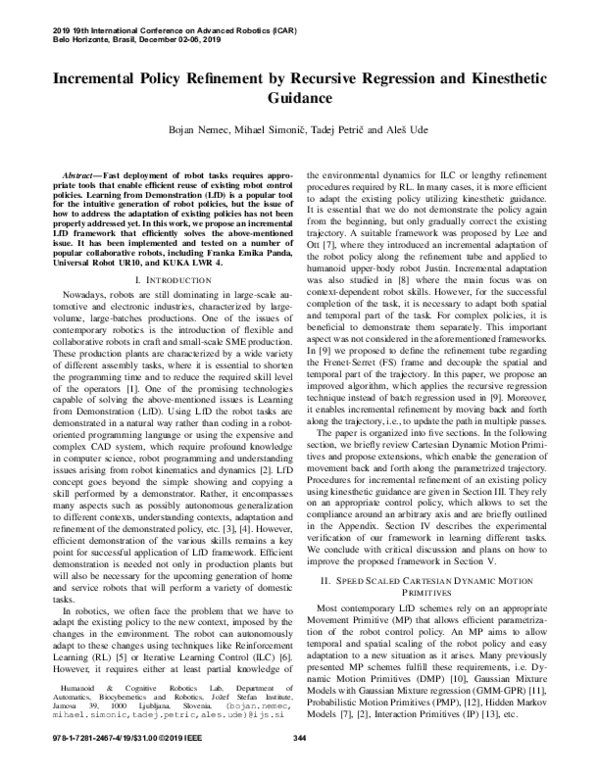 (PDF) Incremental Policy Refinement by Recursive Regression and Kinesthetic Guidance