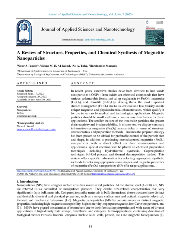 (PDF) A review of Structure, Properties, and Chemical Synthesis of Magnetite Nanoparticles ...