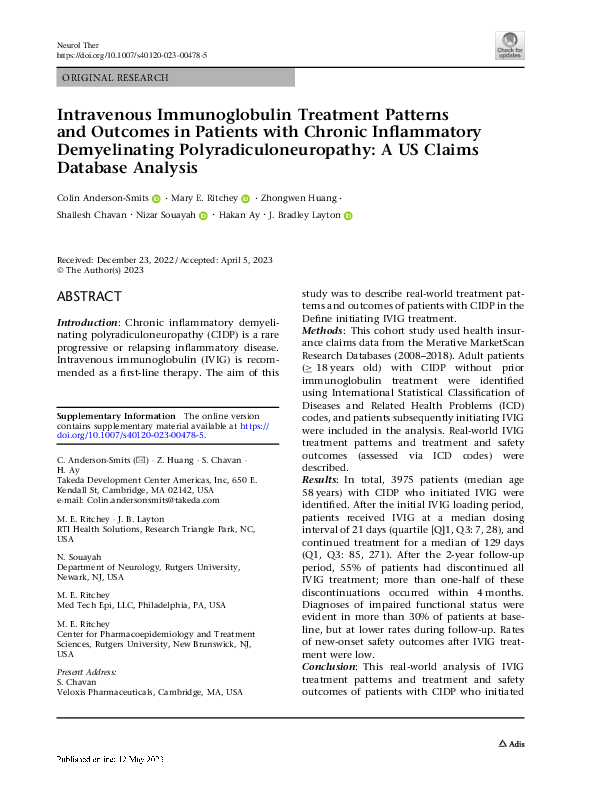 (PDF) Intravenous Immunoglobulin Treatment Patterns and Outcomes in Patients with Chronic ...