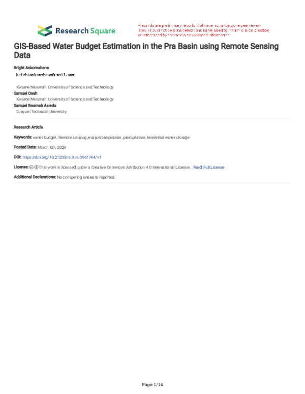 (PDF) GIS-Based Water Budget Estimation in the Pra Basin using Remote ...