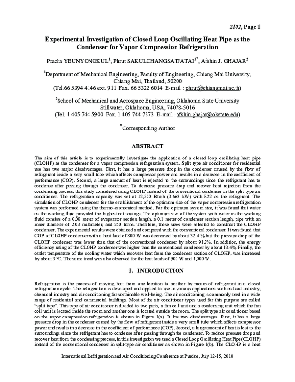 (PDF) Experimental Investigation of the Closed Loop Oscillating Heat Pipe Condenser for Vapor ...