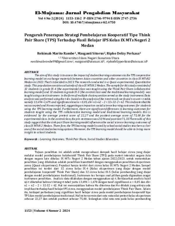 (PDF) Pengaruh Penerapan Strategi Pembelajaran Kooperatif Tipe Think Pair Share (Tps) Terhadap ...