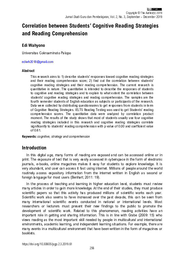 (PDF) Correlation between Students’ Cognitive Reading Strategies and Reading Comprehension