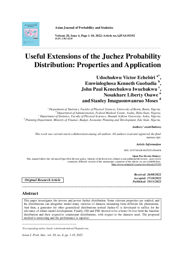 (PDF) Useful Extensions of the Juchez Probability Distribution: Properties and Application