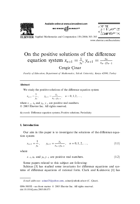 (PDF) On the positive solutions of the difference equation system