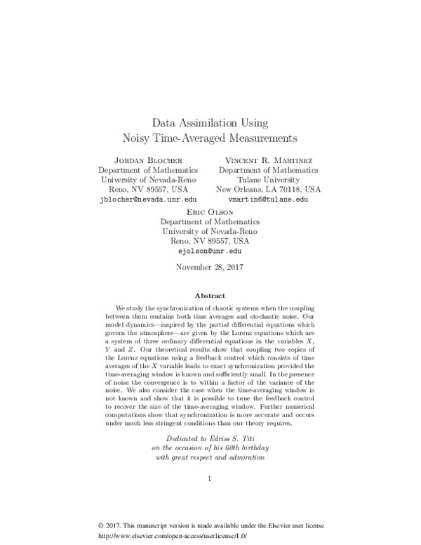 (PDF) Data Assimilation Using Noisy Time-Averaged Measurements | Jordan Blocher - Academia.edu