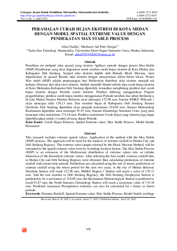 (PDF) Peramalan Curah Hujan Ekstrem DI Kota Medan Dengan Model Spatial Extreme Value Dengan ...