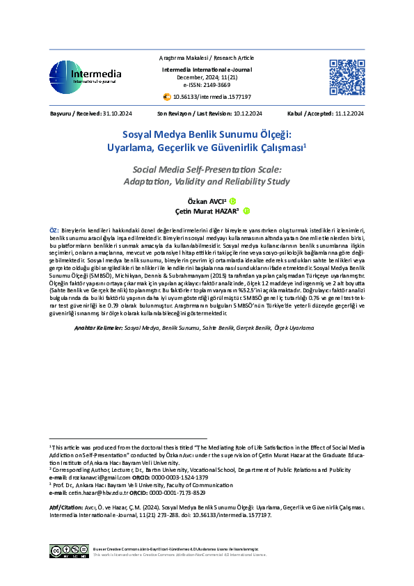 (PDF) Social Media Self-Presentation Scale: Adaptation, Validity and Reliability Study