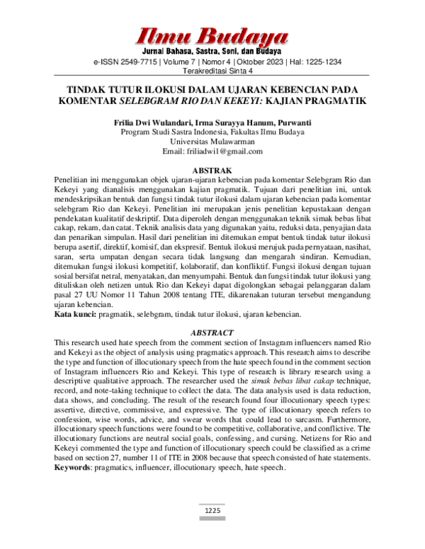(PDF) Tindak Tutur Ilokusi Dalam Ujaran Kebencian Pada Komentar Selebgram Rio Dan Kekeyi: Kajian ...