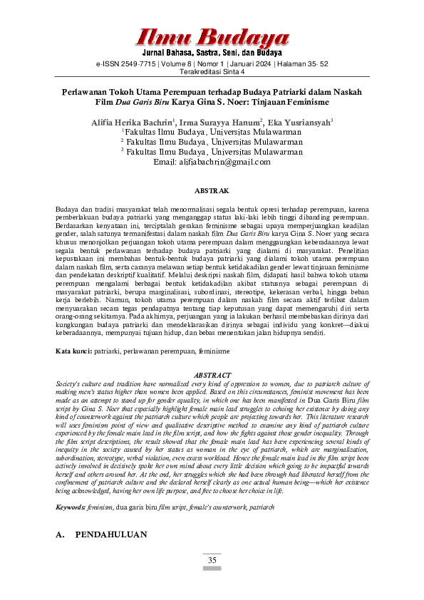 (PDF) Perlawanan Tokoh Utama Perempuan terhadap Budaya Patriarki dalam Naskah Film Dua Garis ...