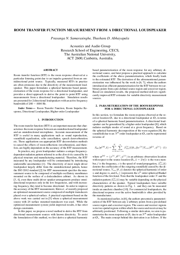 (PDF) Room transfer function measurement from a directional loudspeaker
