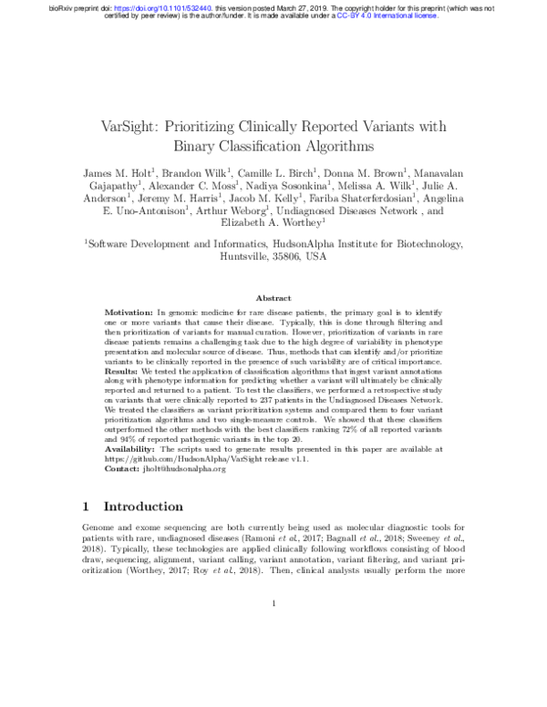 (PDF) VarSight: Prioritizing Clinically Reported Variants with Binary Classification Algorithms