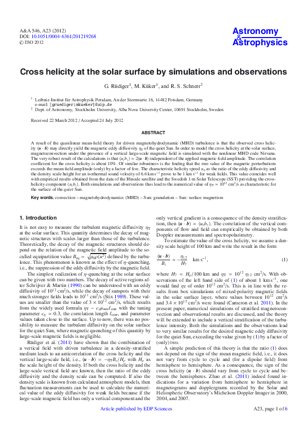 (PDF) Cross helicity at the solar surface by simulations and observations