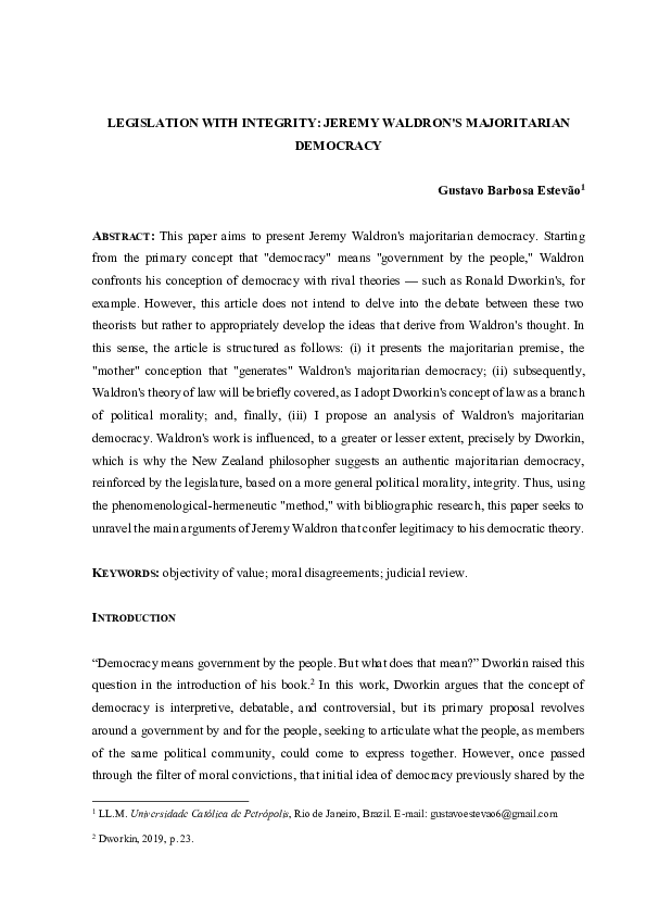 (PDF) Legislation with Integrity: Jeremy Waldron's Majoritarian Democracy