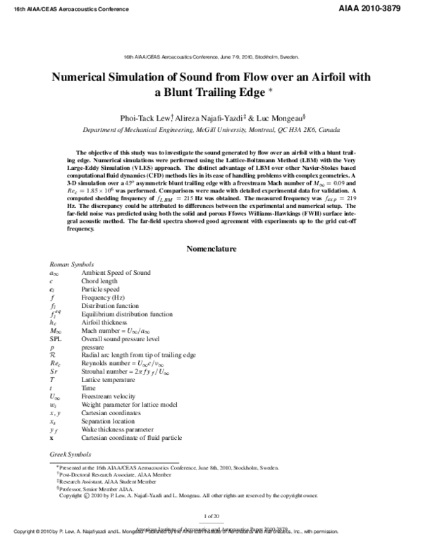 (PDF) Numerical Simulation of Sound from Flow over an Airfoil with a Blunt Trailing Edge