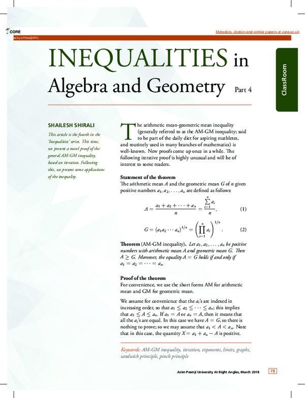 (PDF) Inequalities in algebra and geometry