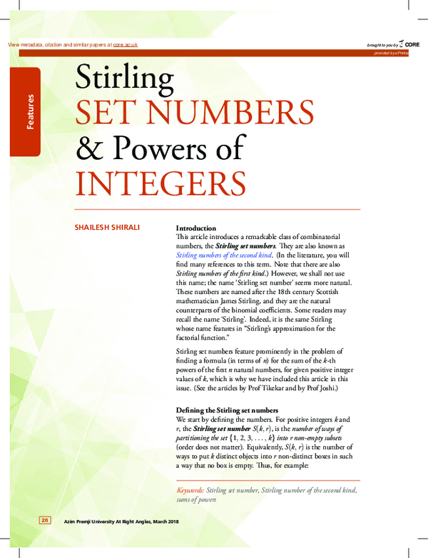 (PDF) Stirling set numbers & powers of integers