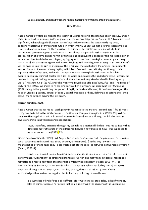 (PDF) Disgust, desire and dead women: Angela Carter's re-writing women ...