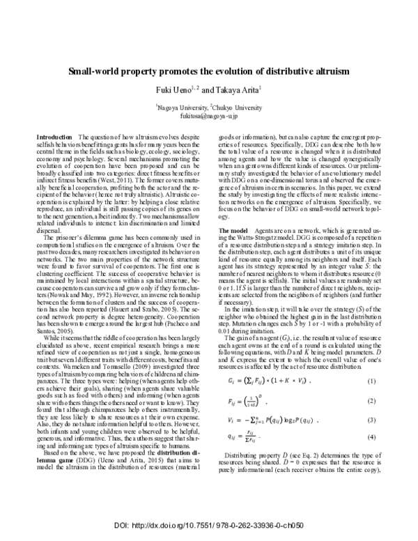 (PDF) Small-world property promotes the evolution of distributive altruism