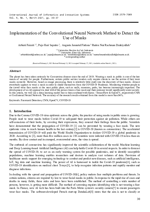 (PDF) Implementation of the Convolutional Neural Network Method to Detect the Use of Masks