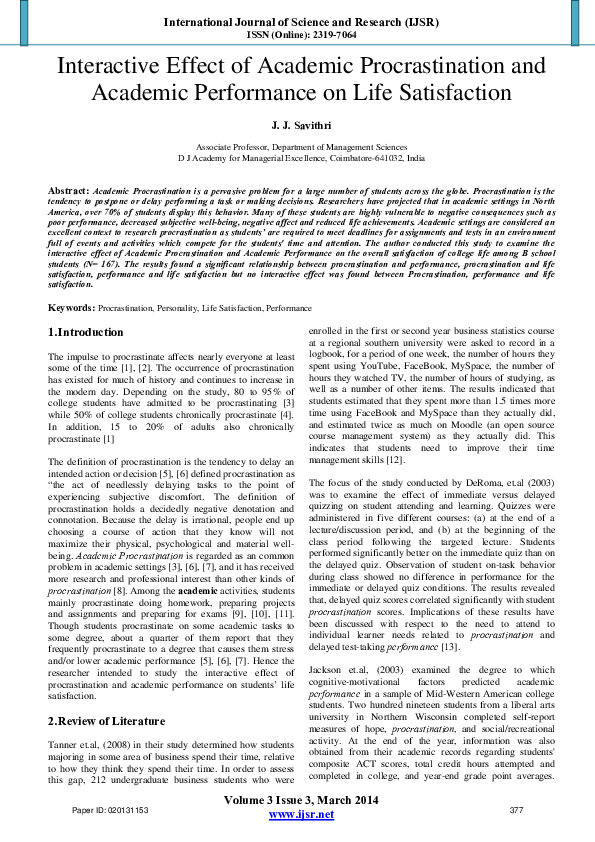 (PDF) Interactive Effect of Academic Procrastination and Academic Performance on Life Satisfaction